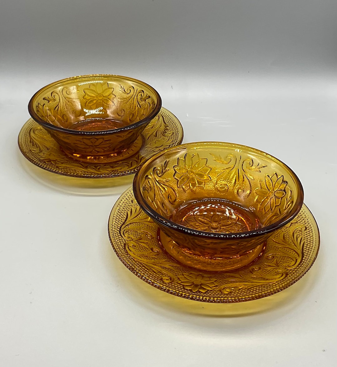 Vintage Tiara Indiana Glass Amber Sandwich Pattern Set of 2 Saucers and ...