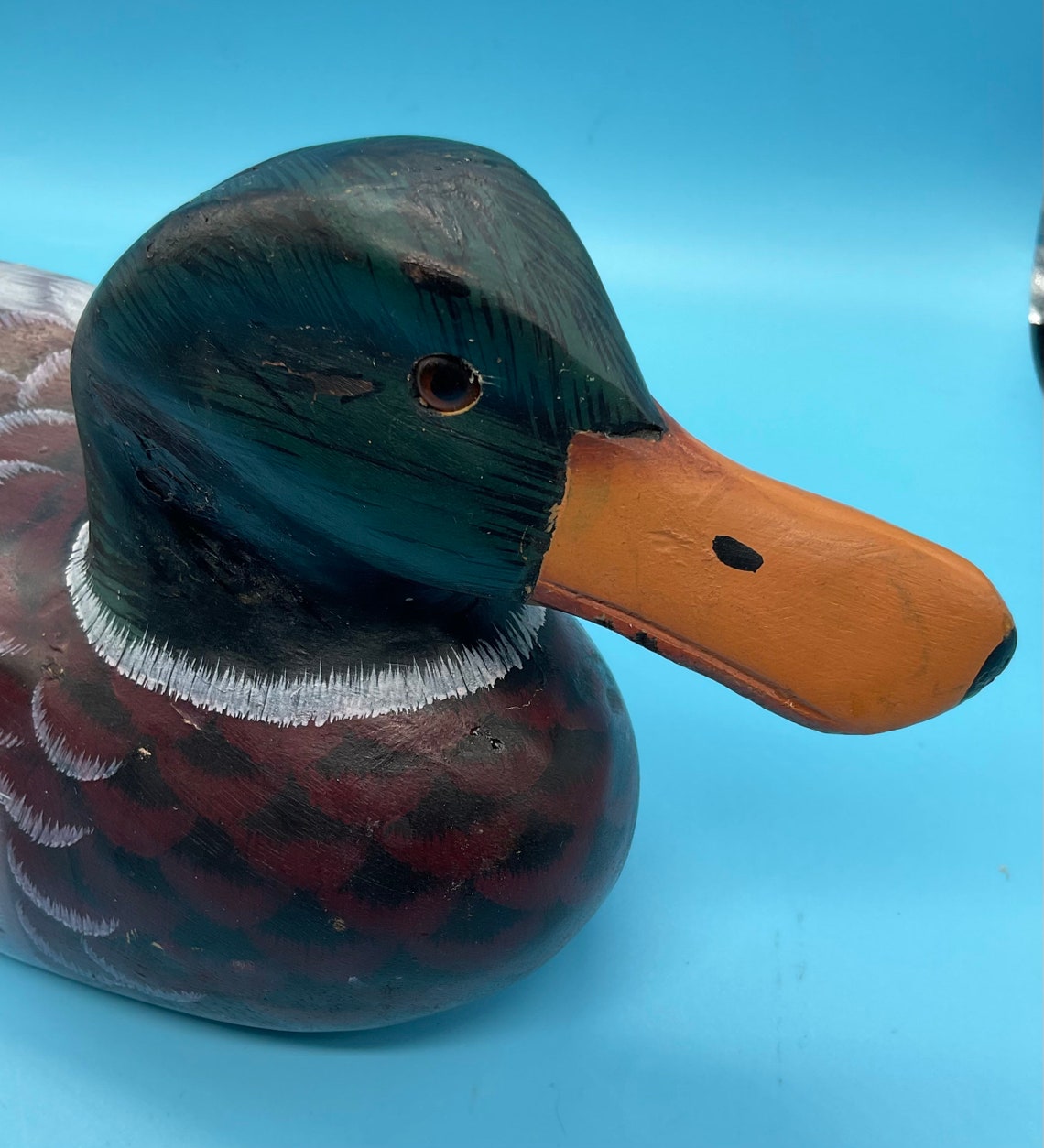 Vintage Solid Wood Hand Carved and Hand Painted Duck Decoy With Glass ...