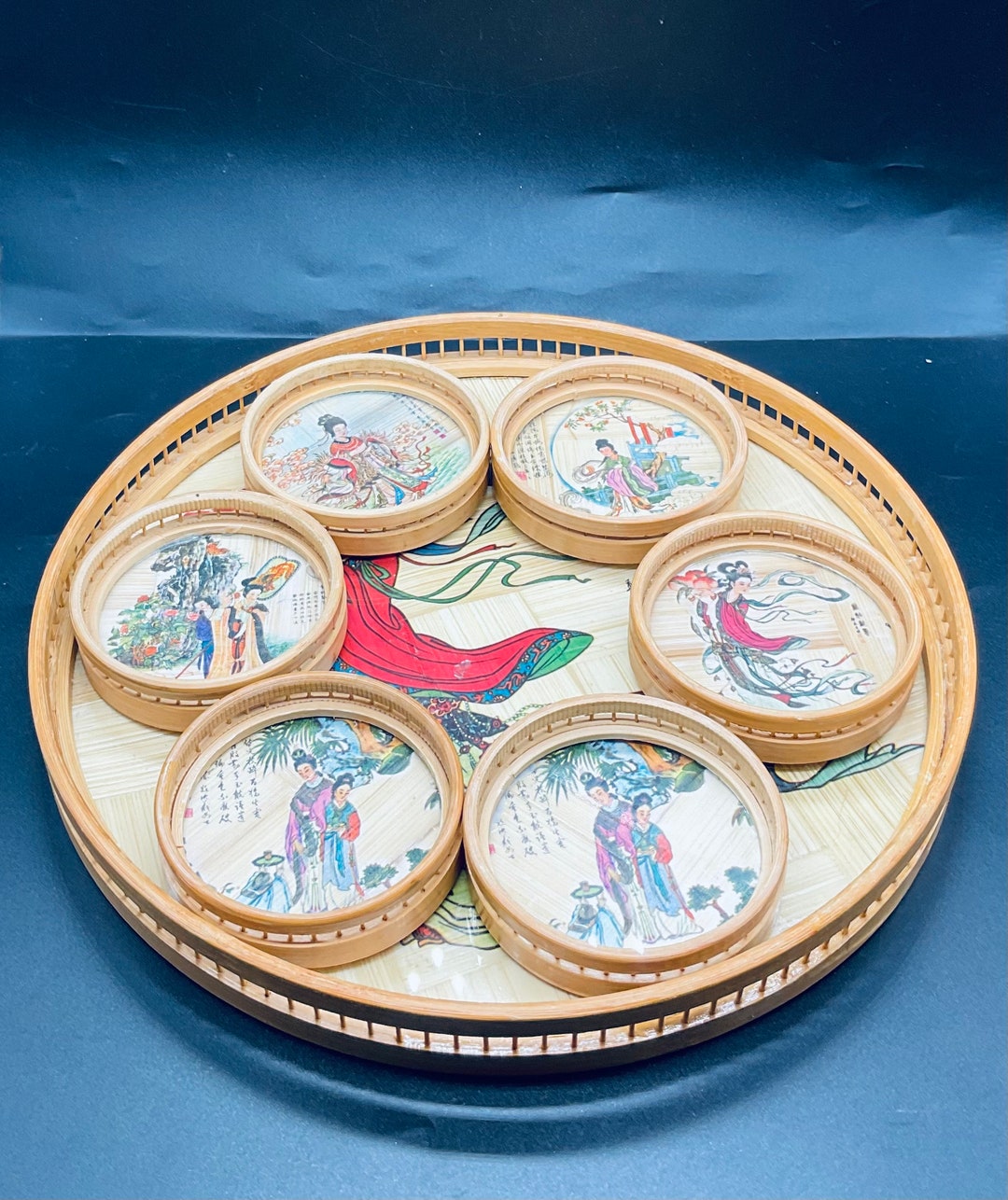 Vintage Asian Bamboo Serving Tray With 6 Coasters/ Wicker Serving Tray ...