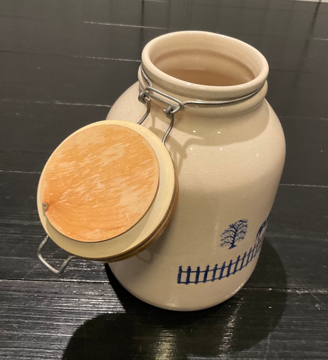 Vintage Glazed Stoneware Crock Canister With Wood Lid and - Etsy