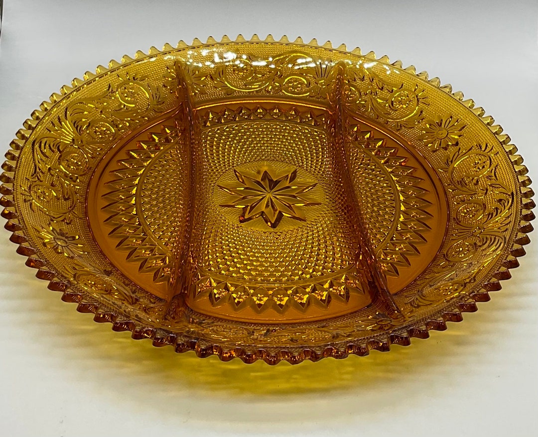 Vintage Tiara Indiana Glass Amber Sandwich Pattern Divided Serving ...