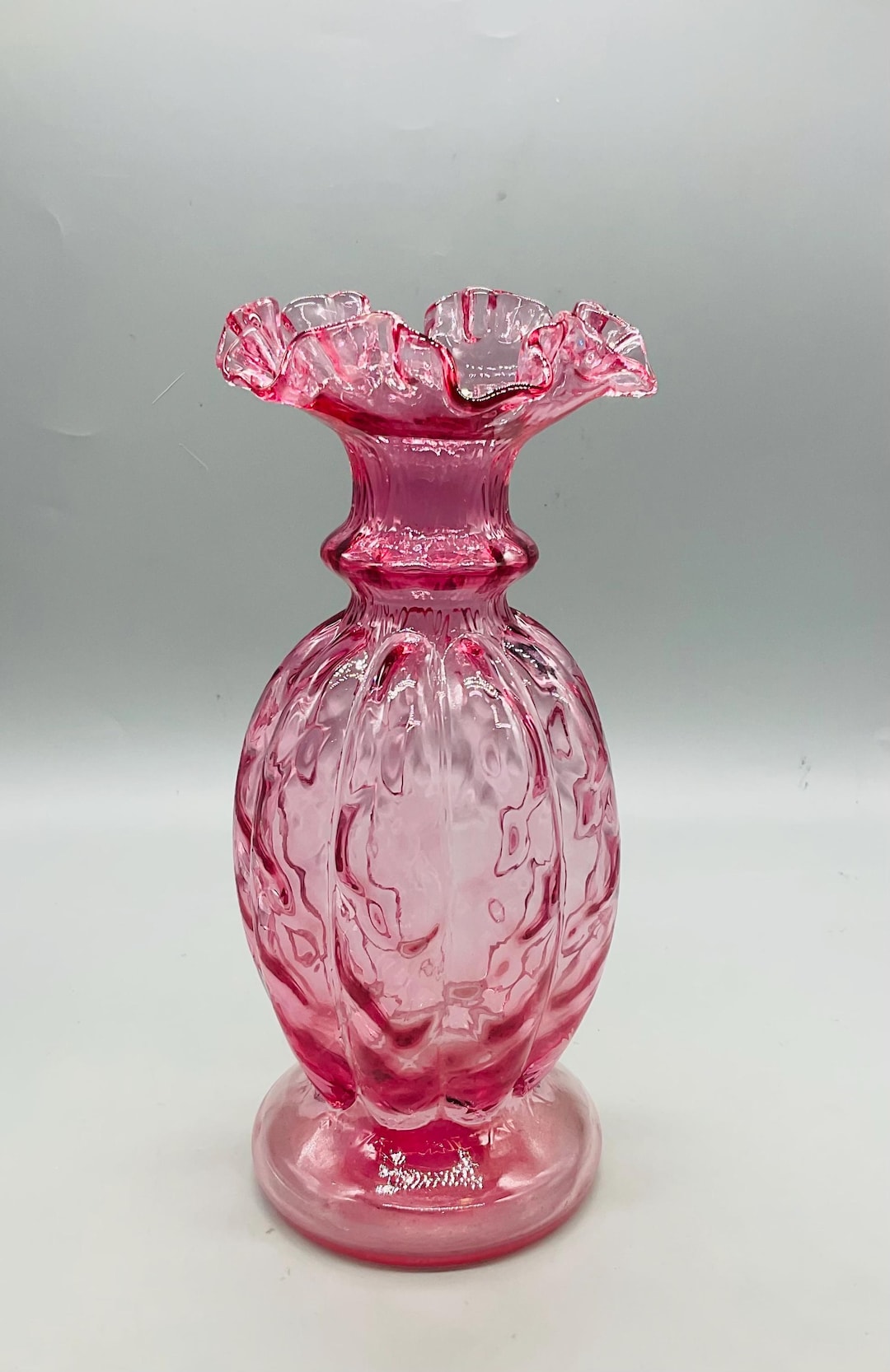 Vintage Cranberry Pink Glass Vase Crimped and Ruffled Rim .melon Ribbed ...
