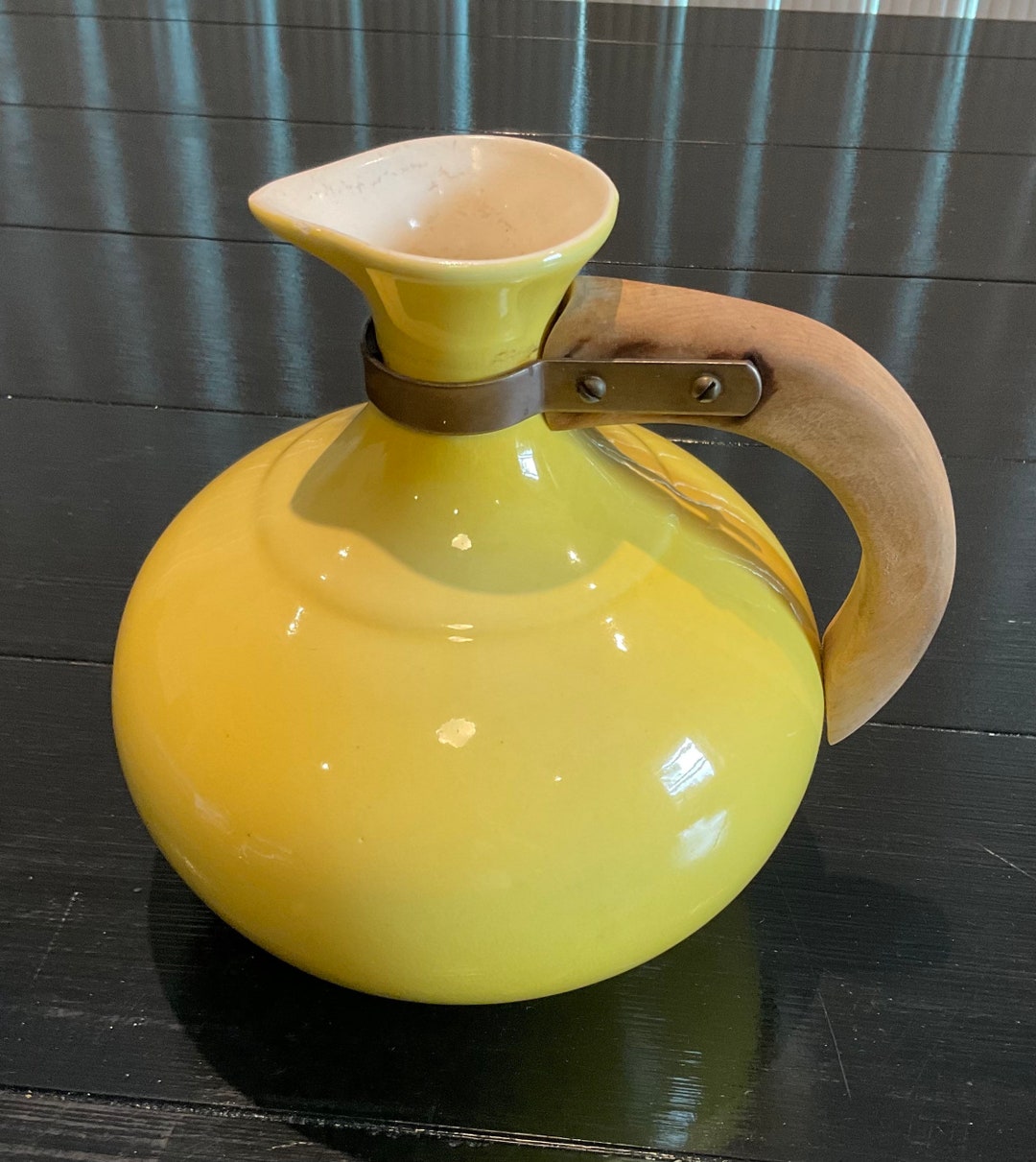 Vintage Beautiful Yellow Ceramic Pitcher With Wood Handle - Etsy