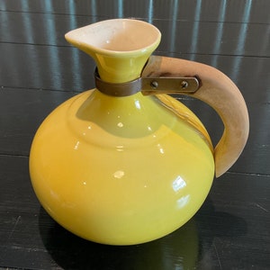 Vintage Beautiful Yellow Ceramic Pitcher With Wood Handle - Etsy