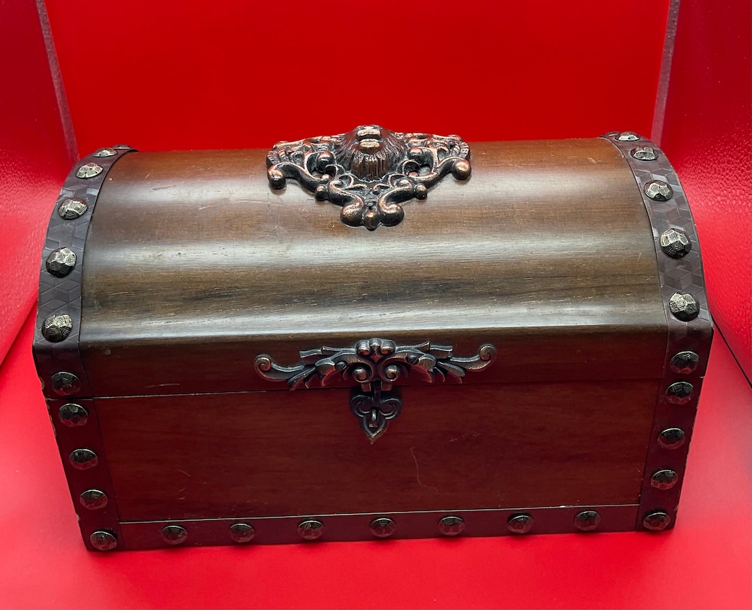 Vintage Wooden Jewelry Box With Metal Lion Head on Top and Metal Edges ...