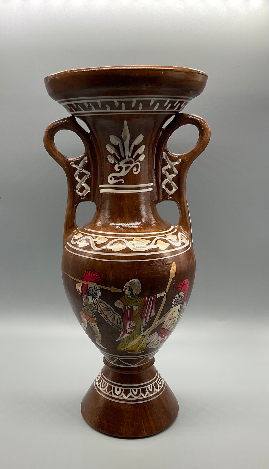 Vintage Hand Painted Greek Pottery 11” Vase With Handles Made in Greece ...