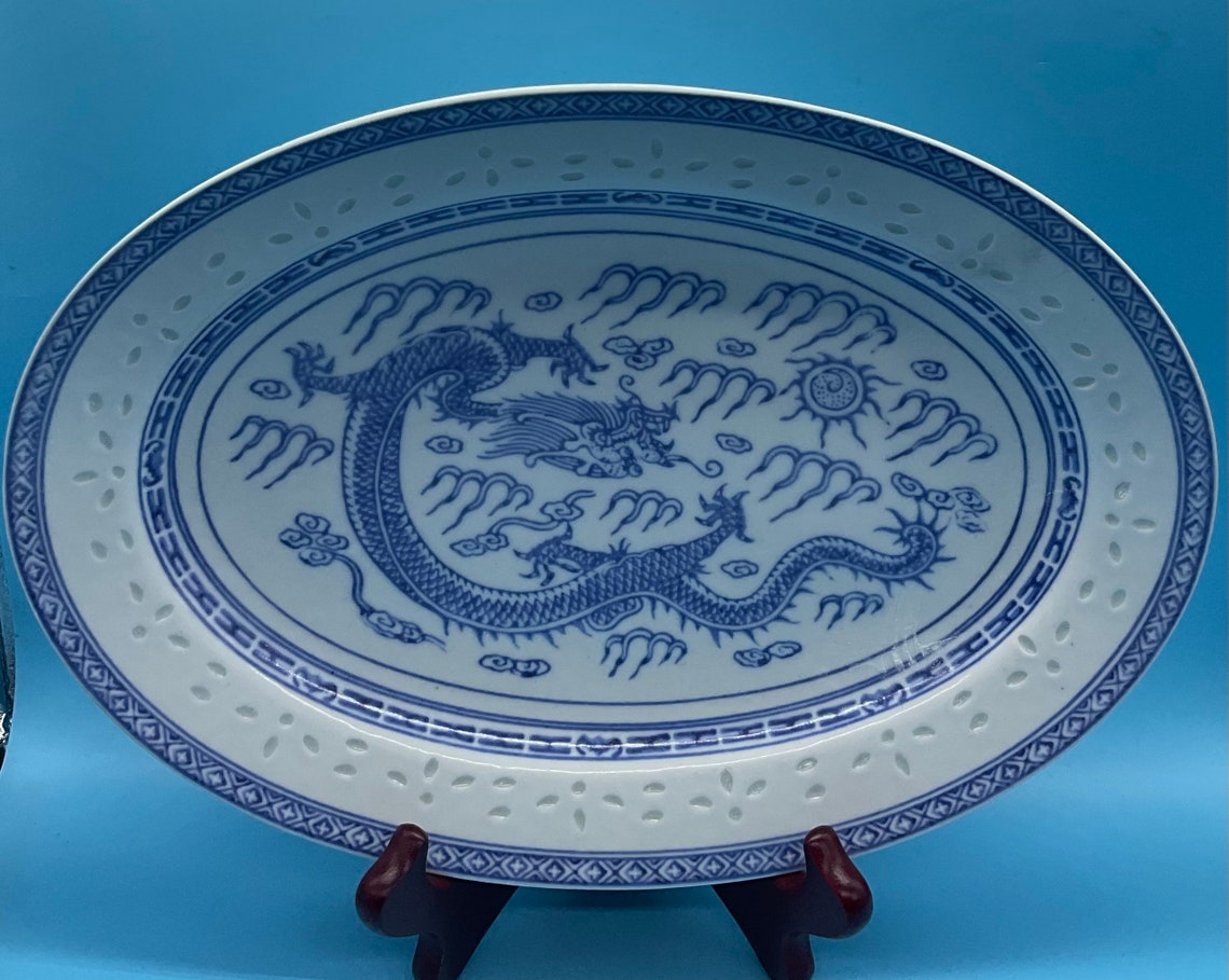 Vintage White and Blue Dragon Design Serving Platter and - Etsy