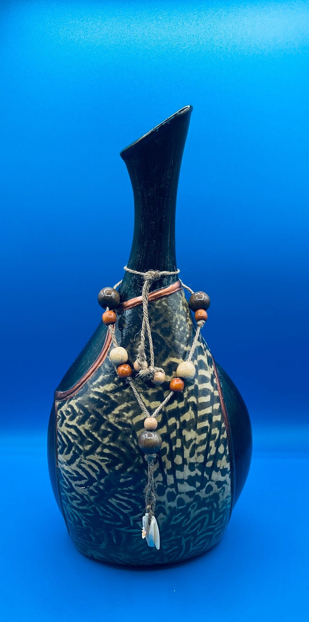 Vintage Long Neck Vessel / /vase Ceramic/ Clay Artifact Vase With Beads ...