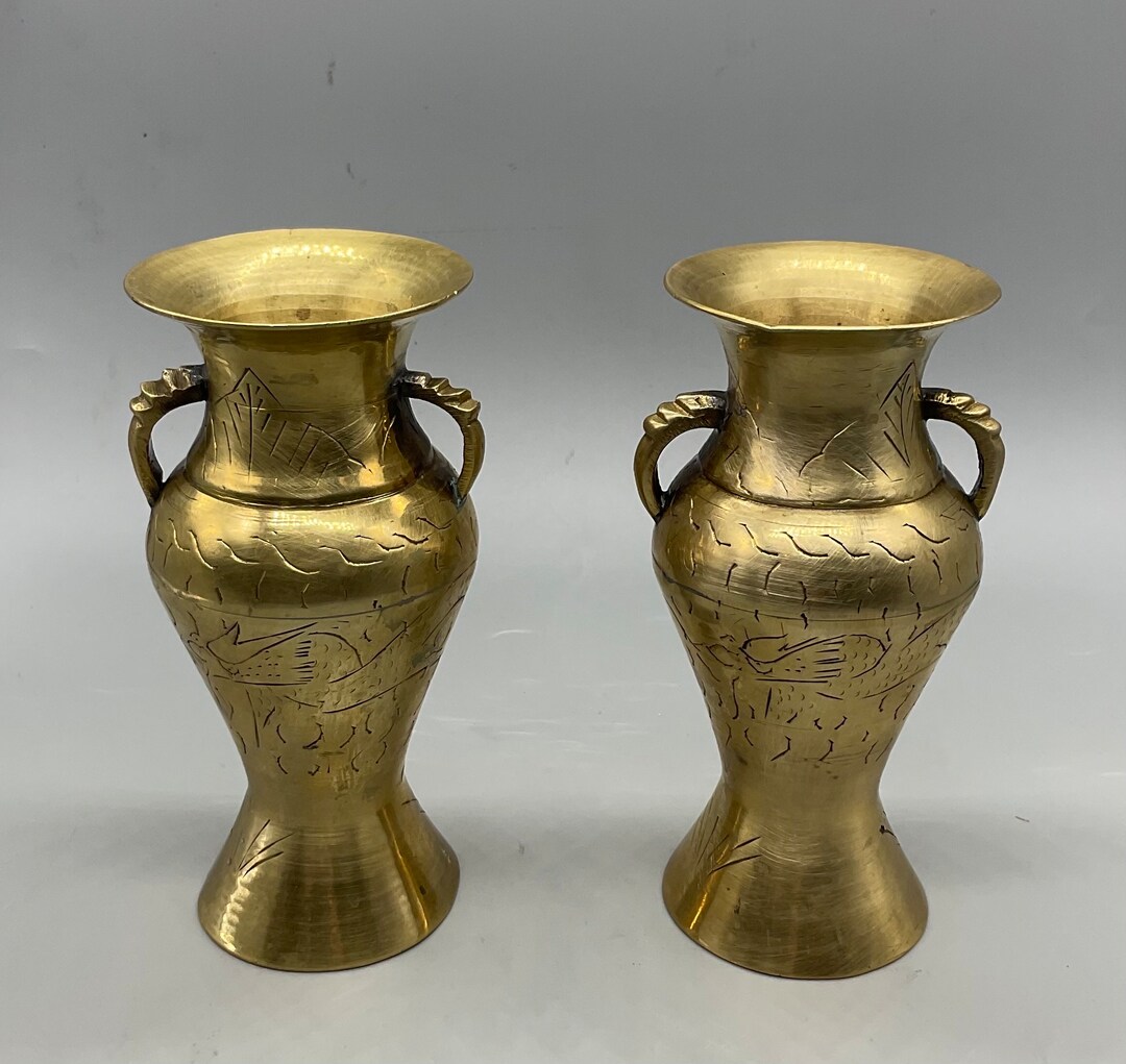 Vintage Solid Brass Pair of Small Vases With Handles - Etsy