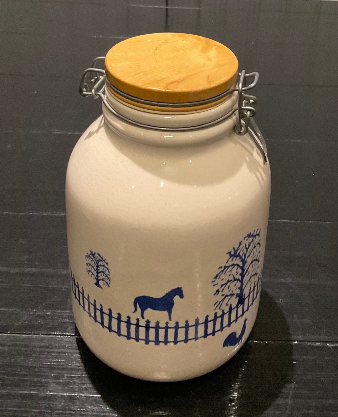 Vintage Glazed Stoneware Crock Canister With Wood Lid and Metal Latch ...