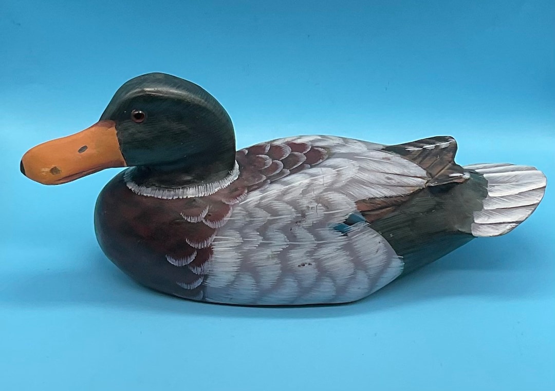 Vintage Solid Wood Hand Carved and Hand Painted Duck Decoy With Glass ...