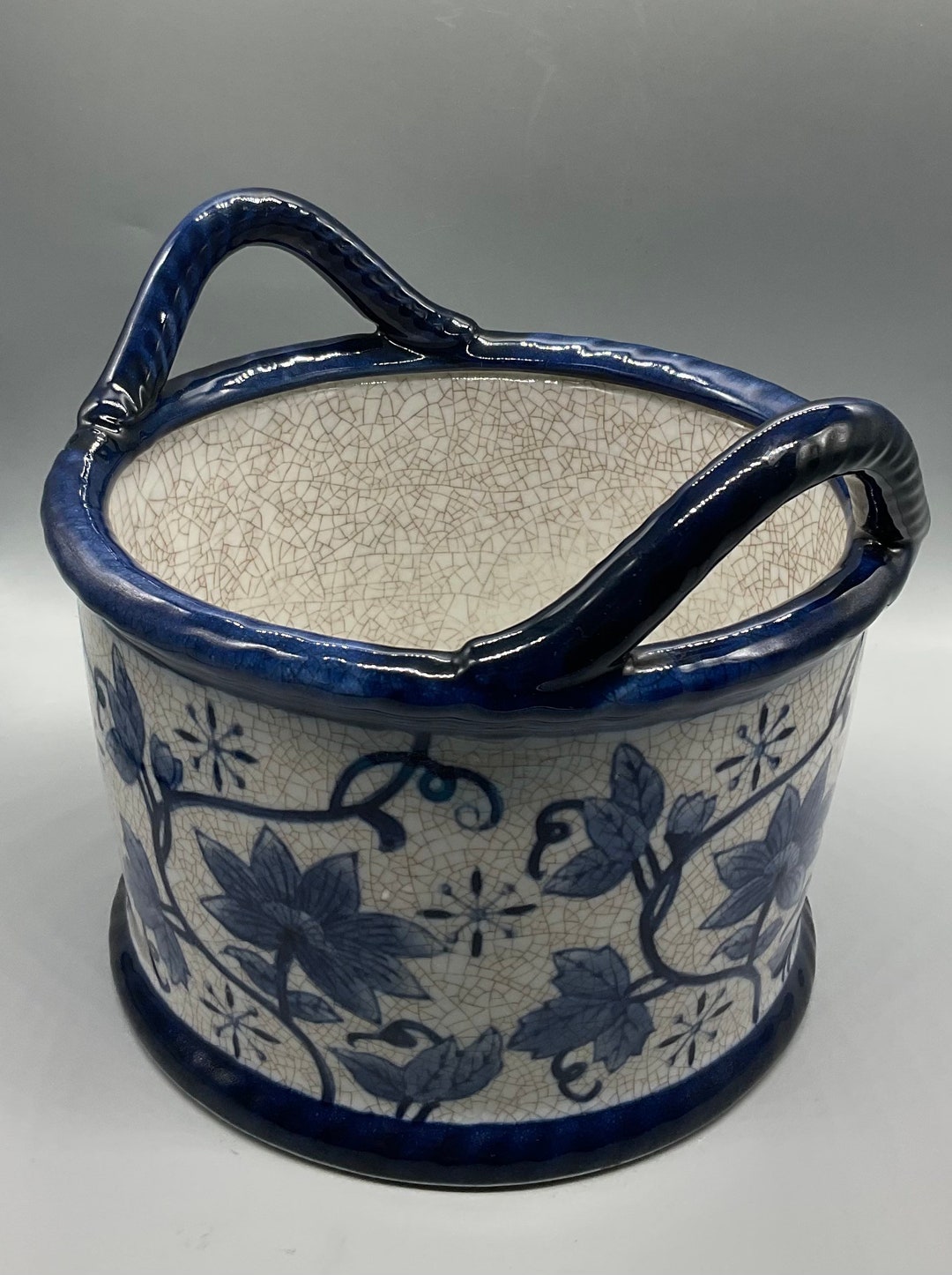 Vintage Blue and White Floral Ceramic Hand Painted Basket - Etsy