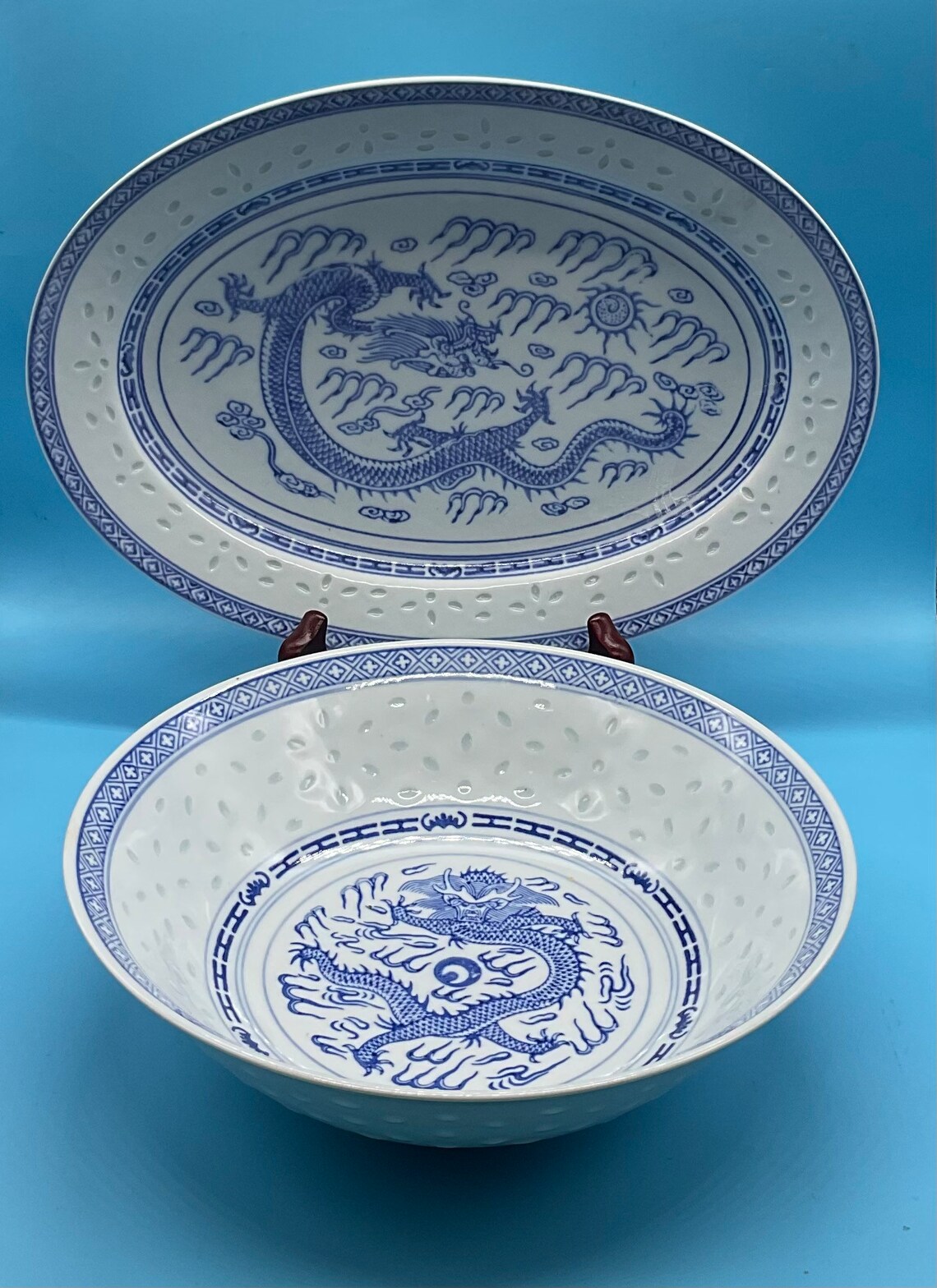 Vintage White and Blue Dragon Design Serving Platter and Serving Bowl ...