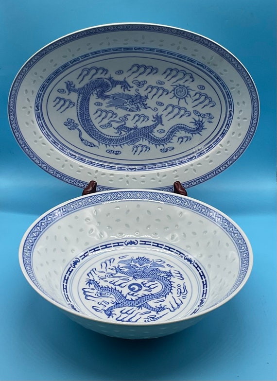 Vintage White and Blue Dragon Design Serving Platter and - Etsy
