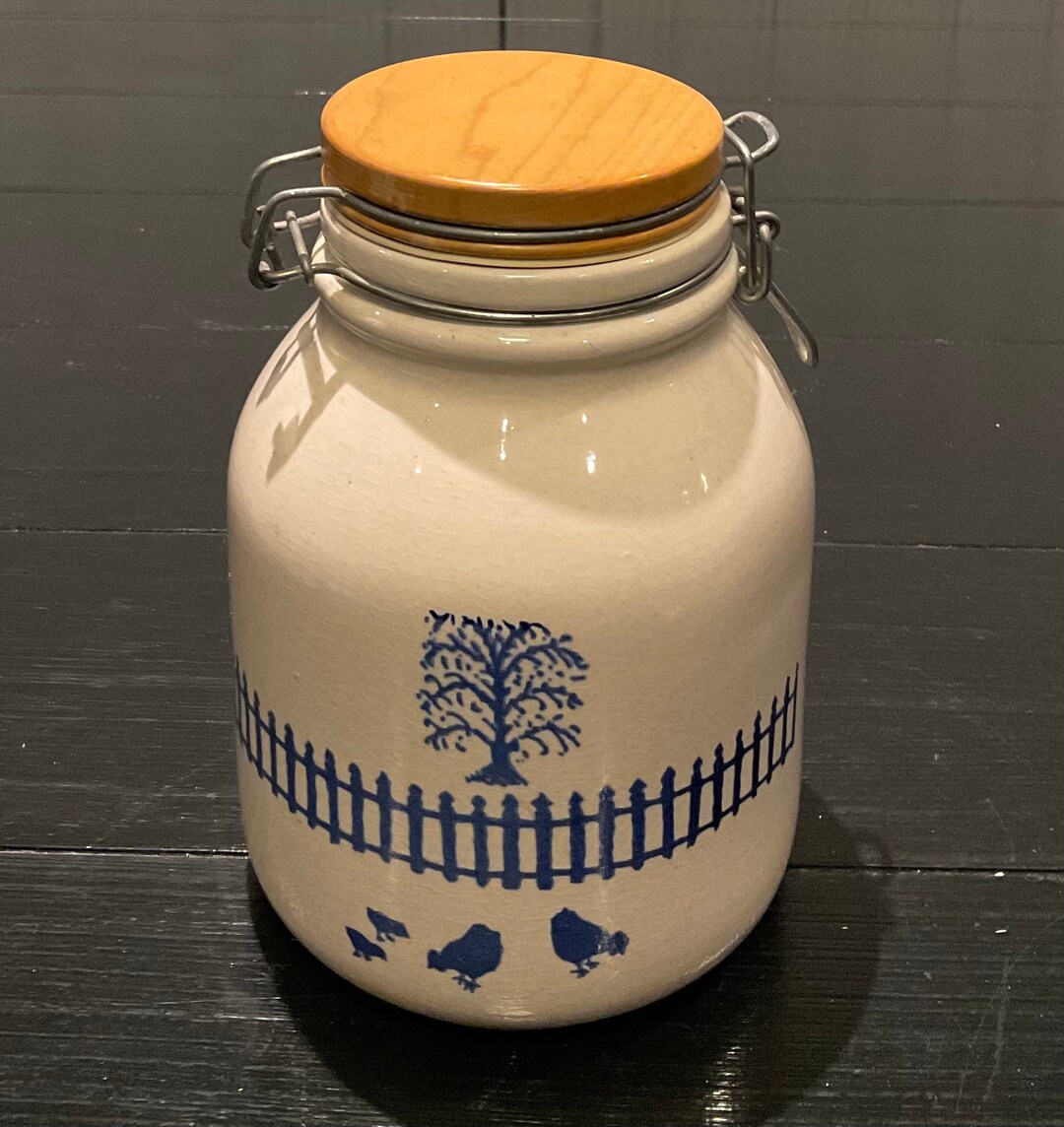 Vintage Glazed Stoneware Crock Canister With Wood Lid and Metal Latch ...