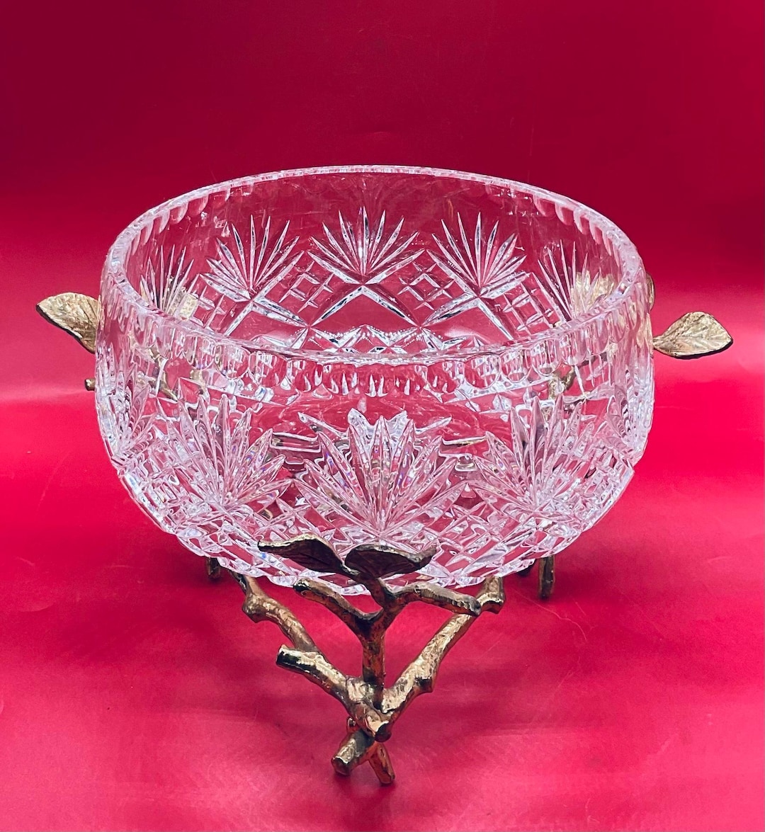 Vintage Heavy Cut Lead Crystal Bowl With Gold Finish Branches Metal ...