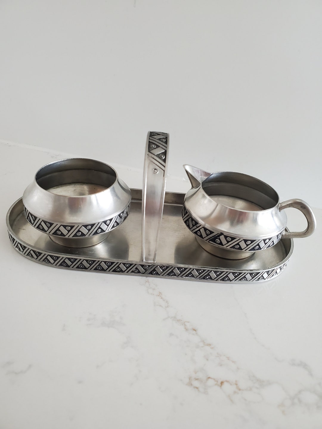 Vintage Norwegian Hagness Pewter Sugar and Creamer on a Tray 3 Piece ...