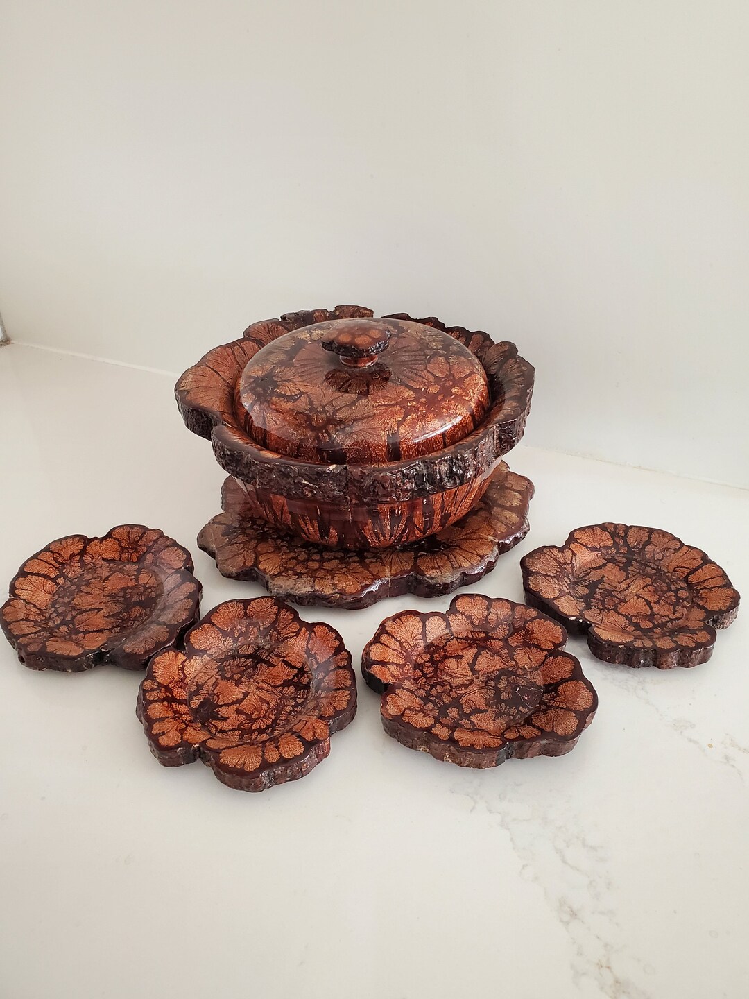 Vintage Chrysanthemum Wood Bowl Set: Hand Crafted Lid, Underplate ...