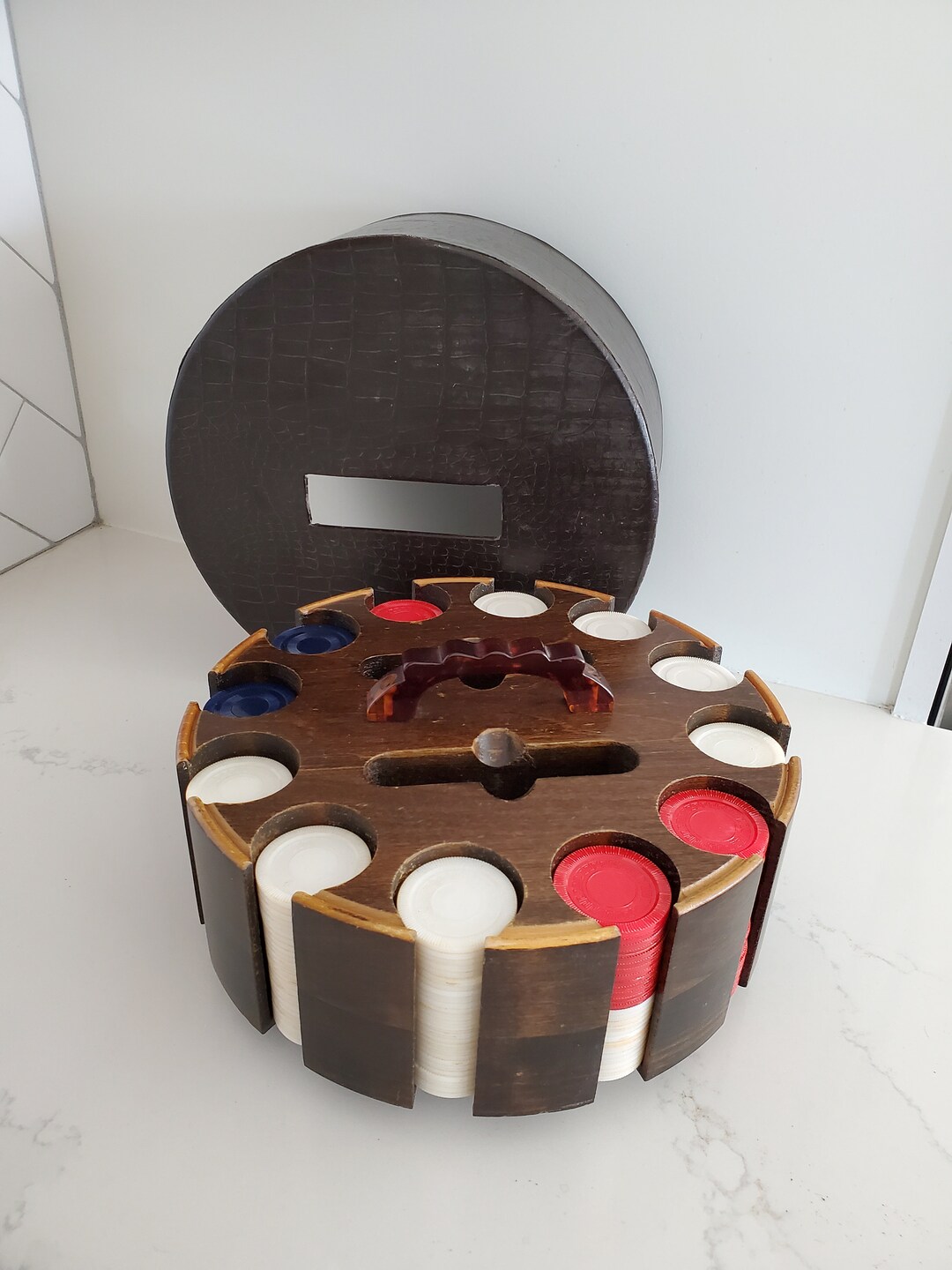 Vintage Wooden Poker Caddy Carousel With Bakelite Handle and 12 Chip ...