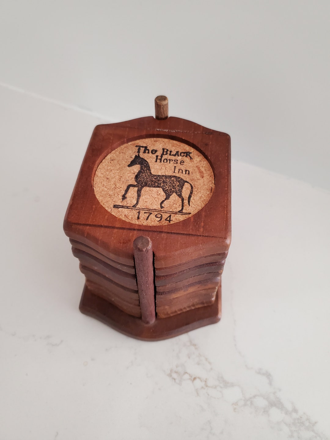 Vintage Black Horse Inn 1794 Hand Carved Sere Wood and Cork Coasters ...