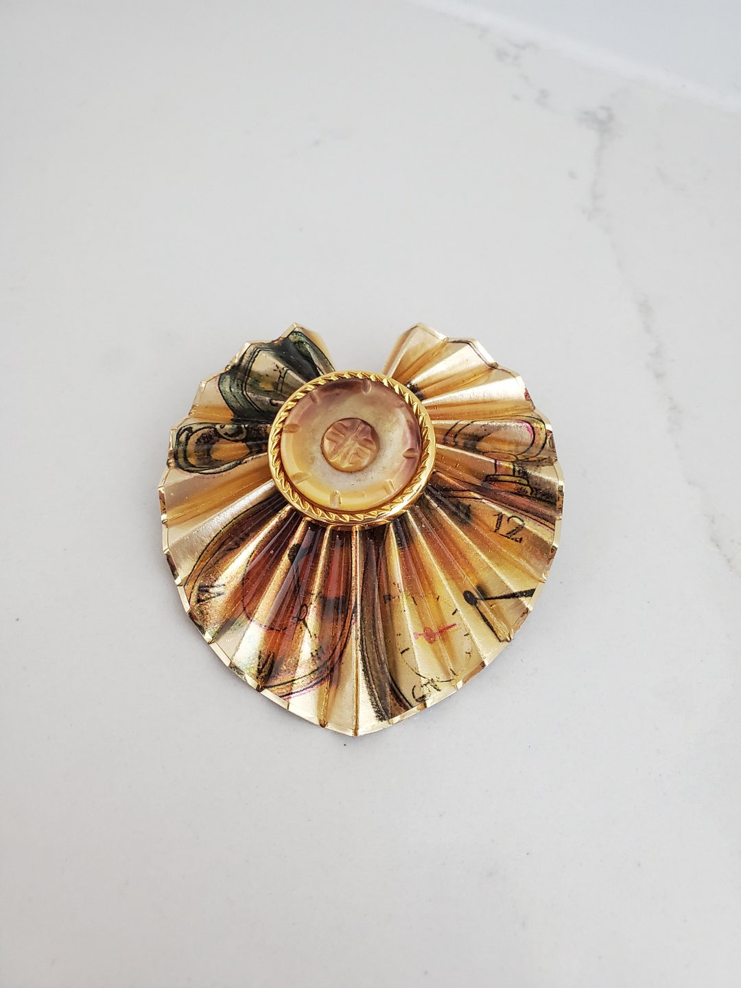 Vintage Lacquered Paper Fan Shape and Button Brooch/pin Signed and ...