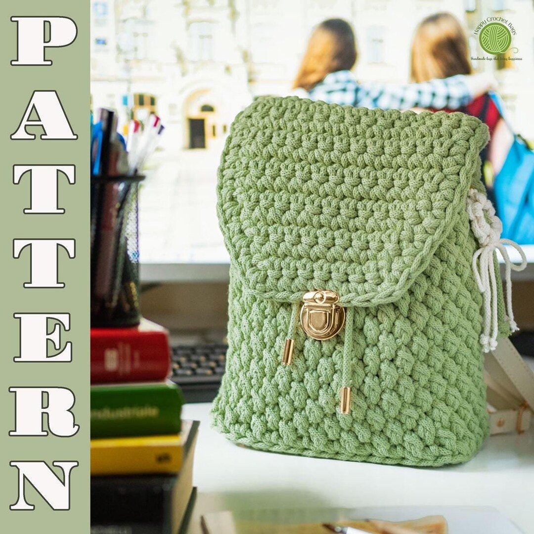 Green Boho Cute Crochet Backpack Pattern in Cotton Cord - Trendy ...