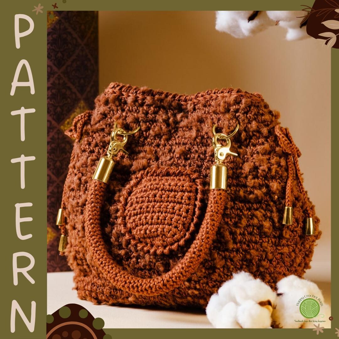 Crochet Boucle Drawstring Handbag With Bow Ties and Pocket - Handmade ...