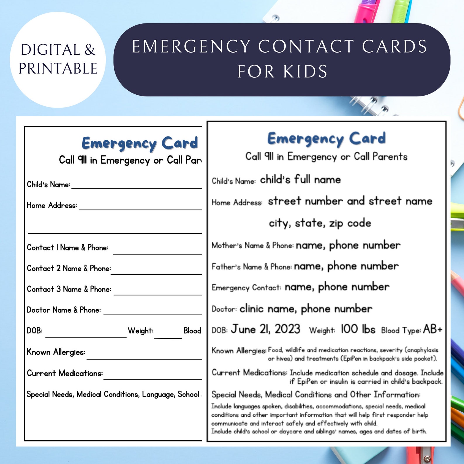 Emergency Contact and Medical Information Card for Kids | Child Safety ...