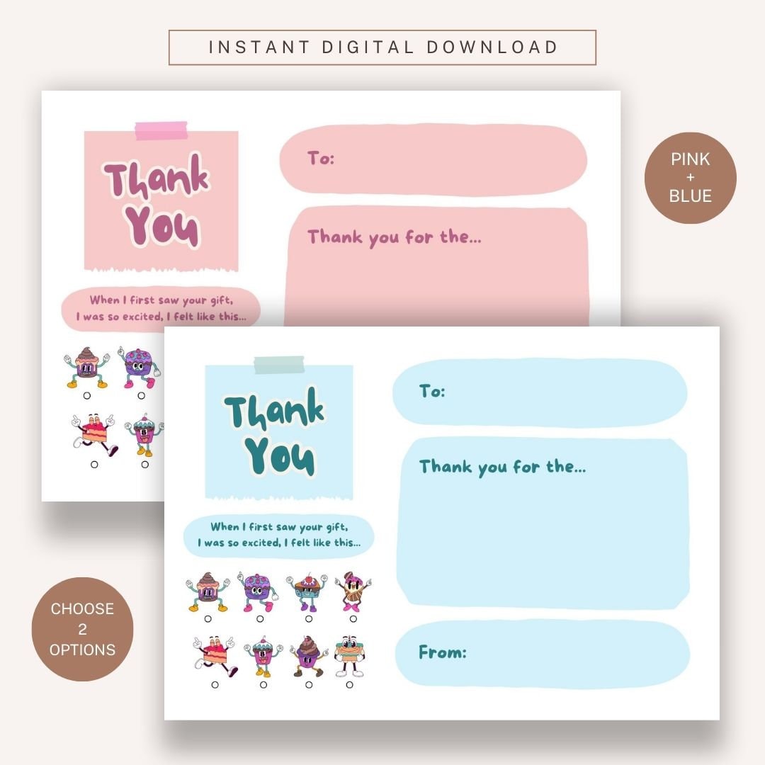 Kids Birthday Thank You Note Card, Printable Fill in the Blank Kids ...