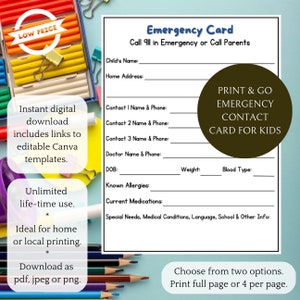 Emergency Contact and Medical Information Card for Kids | Child Safety ...