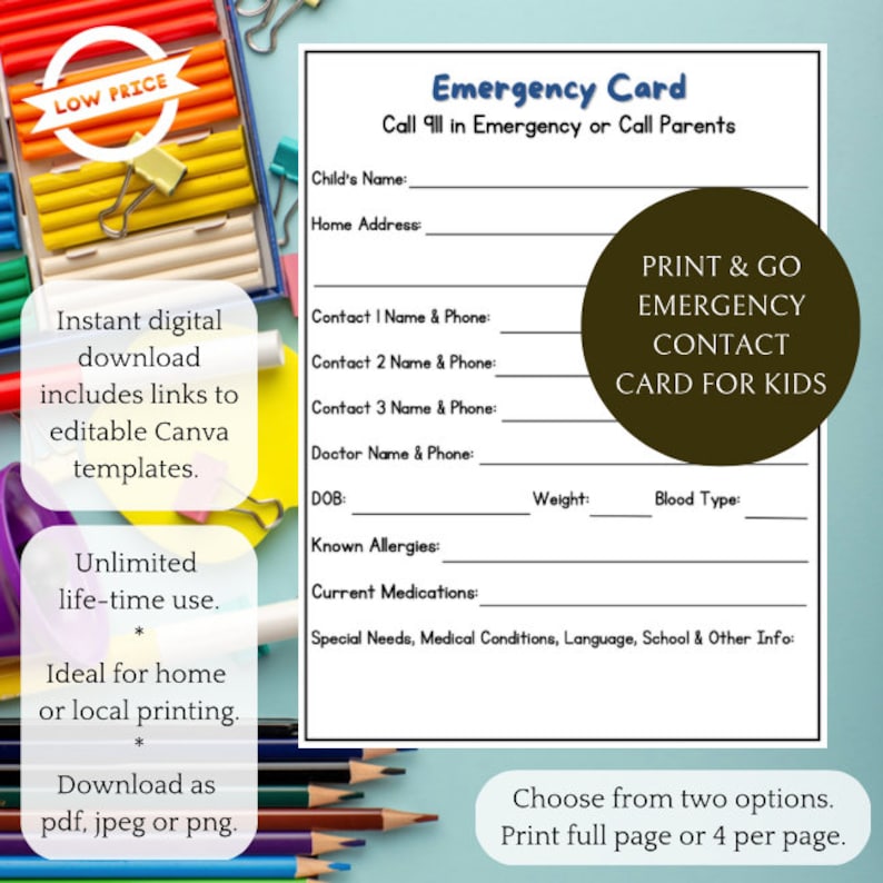 Emergency Contact and Medical Information Card for Kids | Child Safety ...