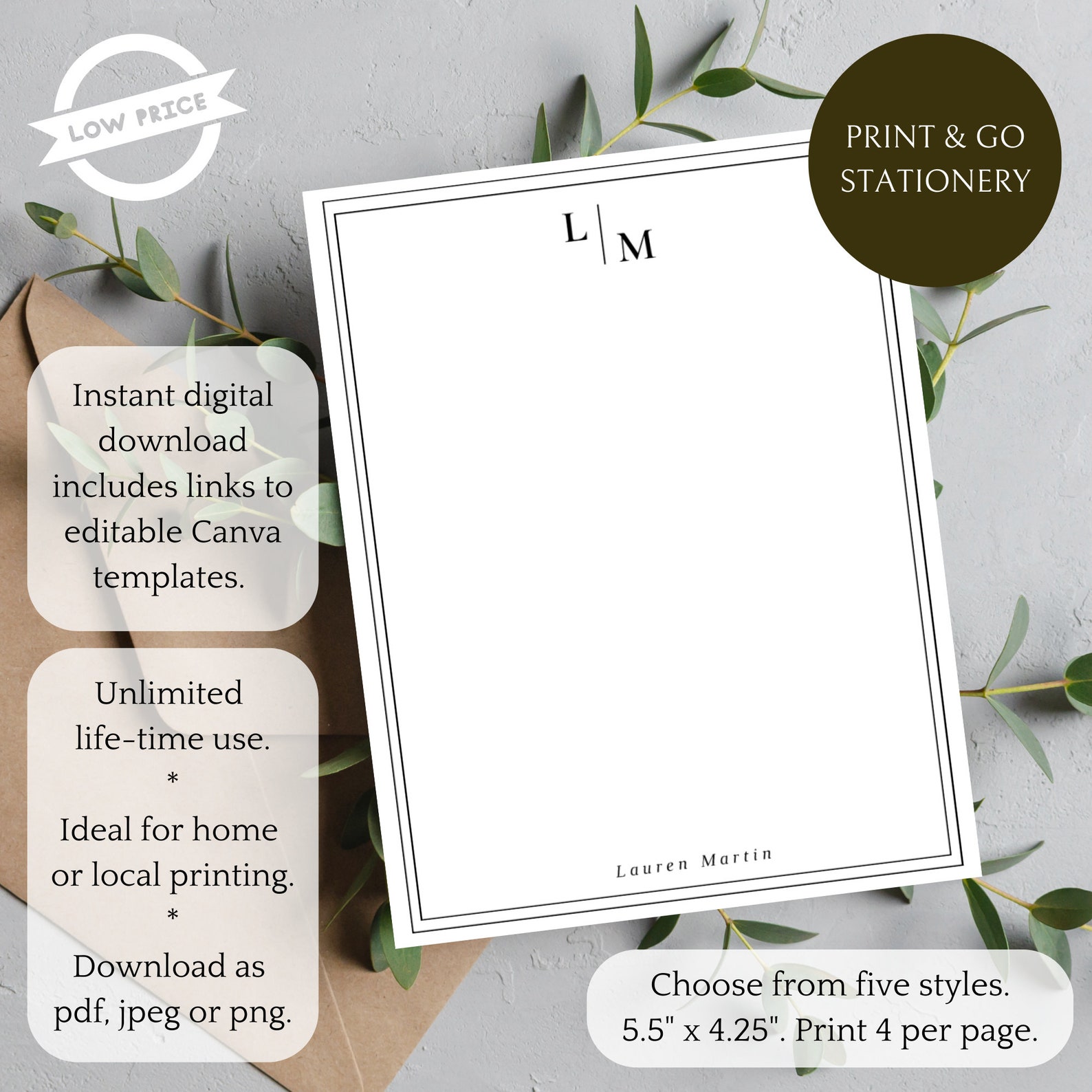 Printable Personalized Stationery Sets Editable Monogrammed Cards DIY ...