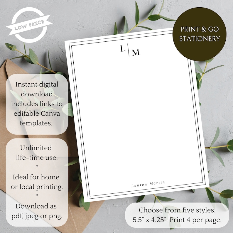 Printable Personalized Stationery Sets Editable Monogrammed Cards DIY ...
