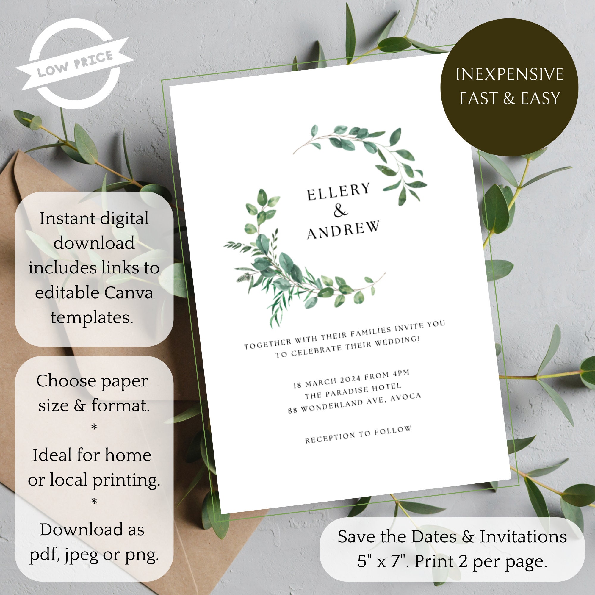 Botanical Wedding Invitation Set Template, Greenery DIY (digital ...