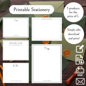 Printable Personalized Stationery Sets | Editable Monogrammed Cards ...