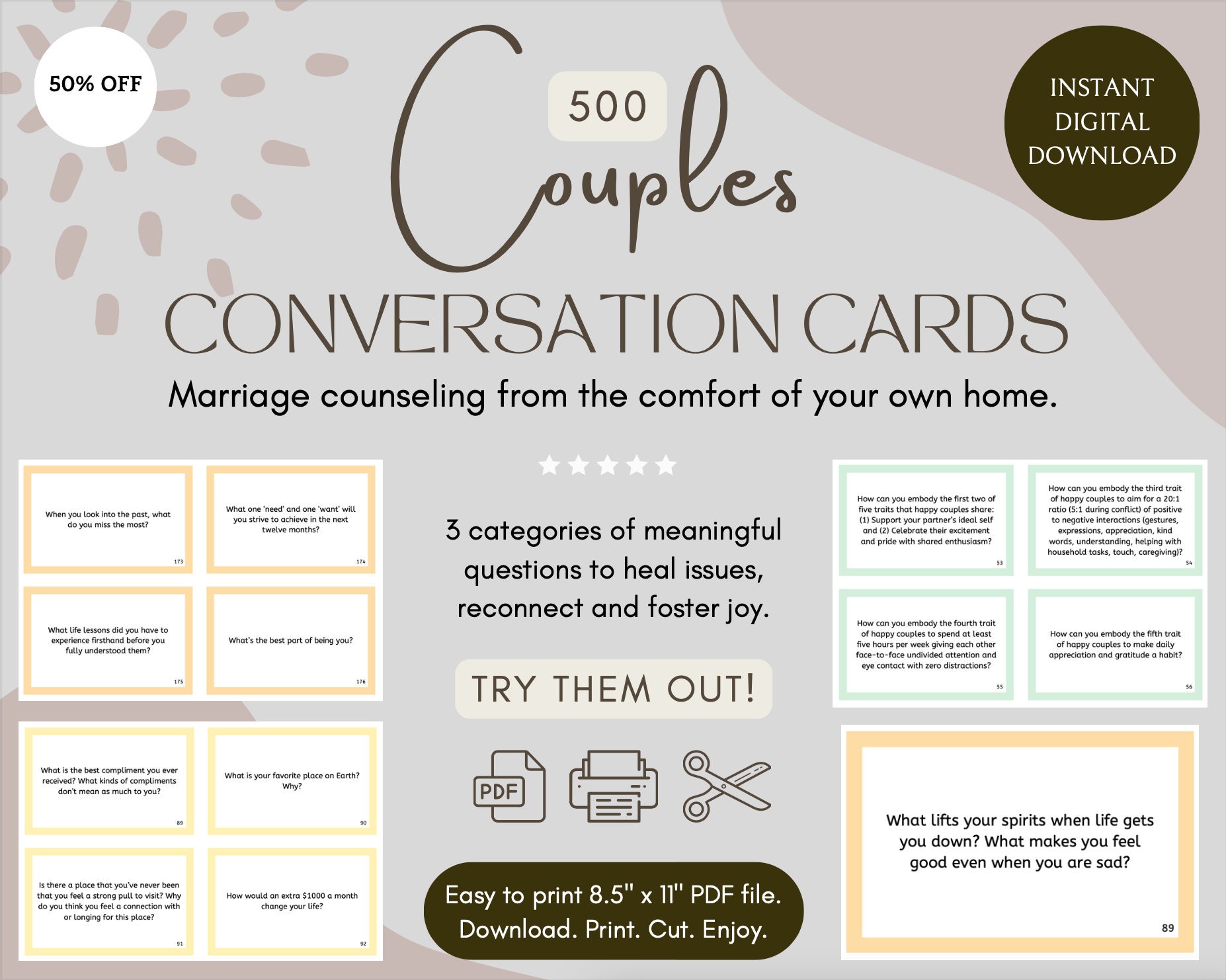 Couples Conversation Cards | 500 Therapy Questions (digital Download ...