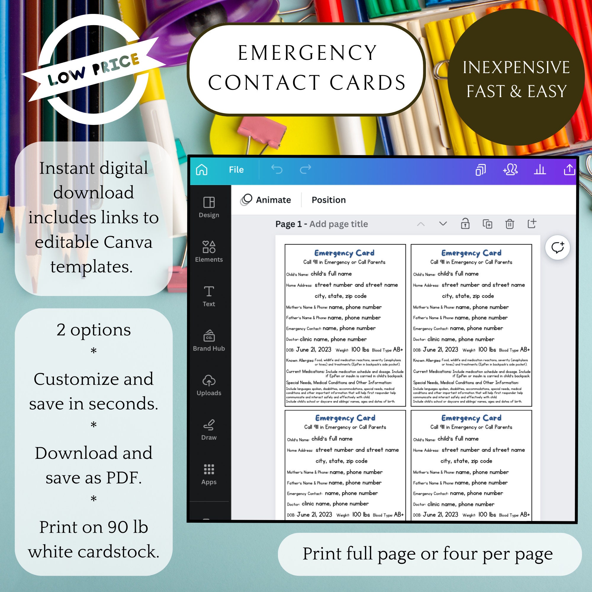 Emergency Contact and Medical Information Card for Kids | Child Safety ...