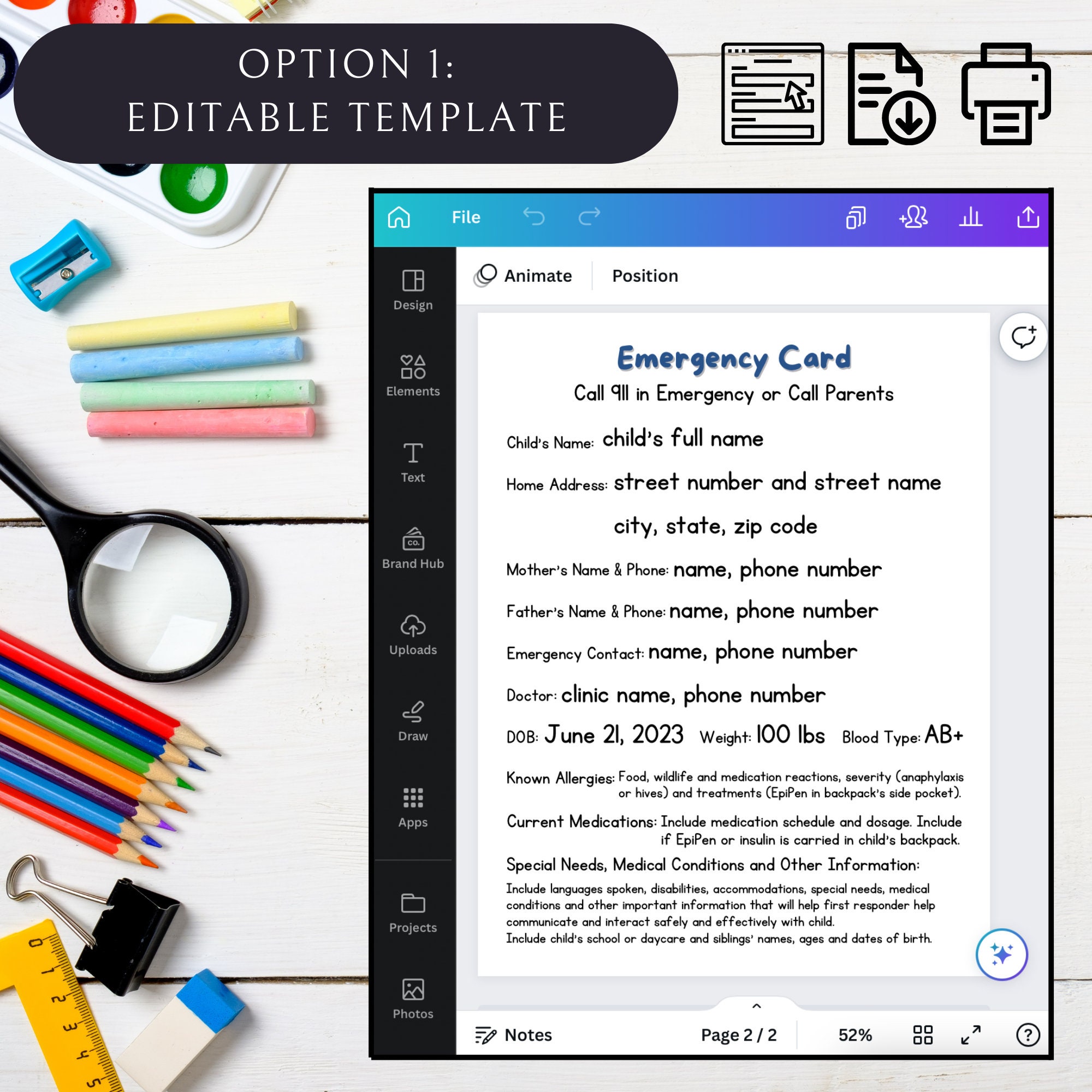 Emergency Contact and Medical Information Card for Kids | Child Safety ...