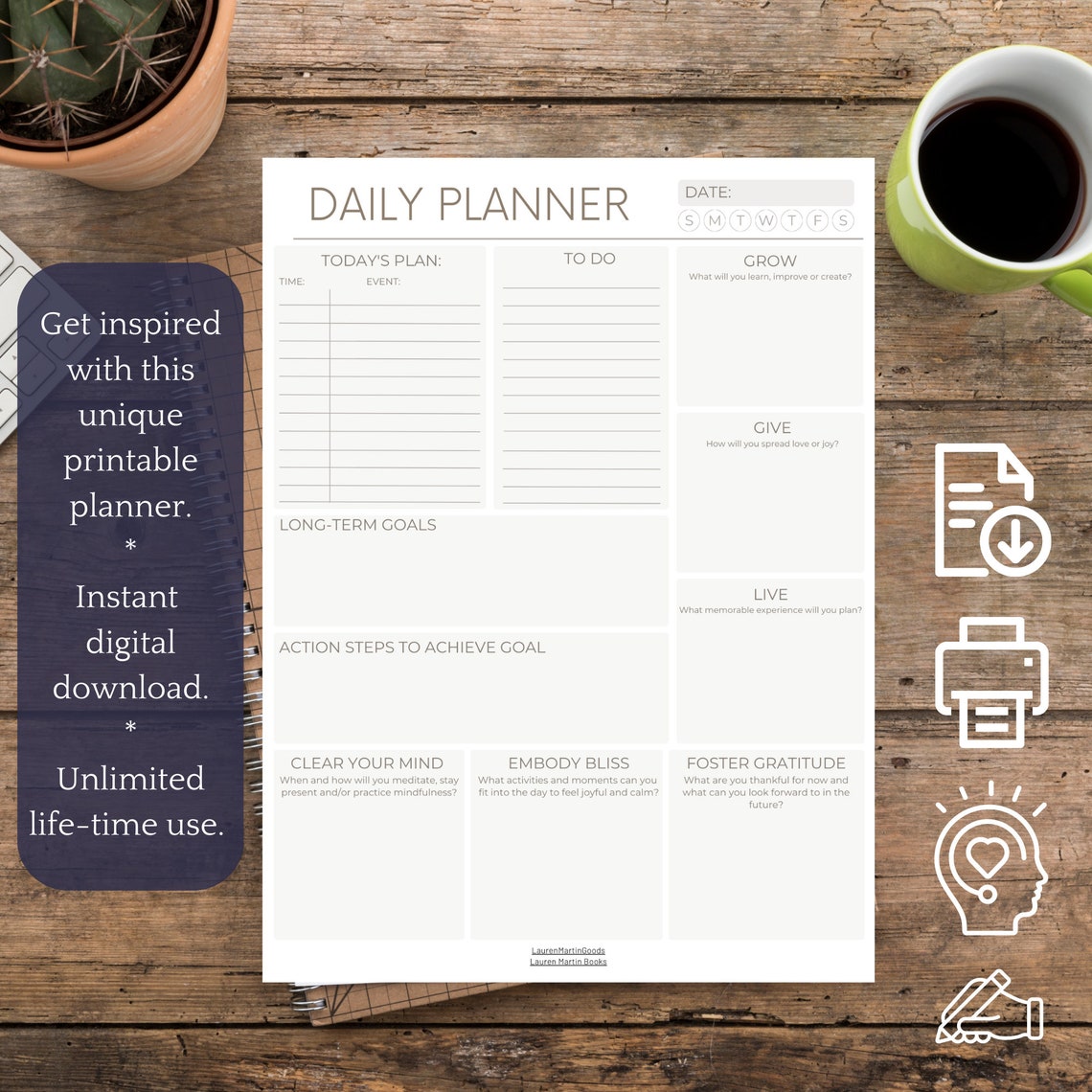 Daily Planner Printable Inspirational Goals Planner Monthly Calendar ...