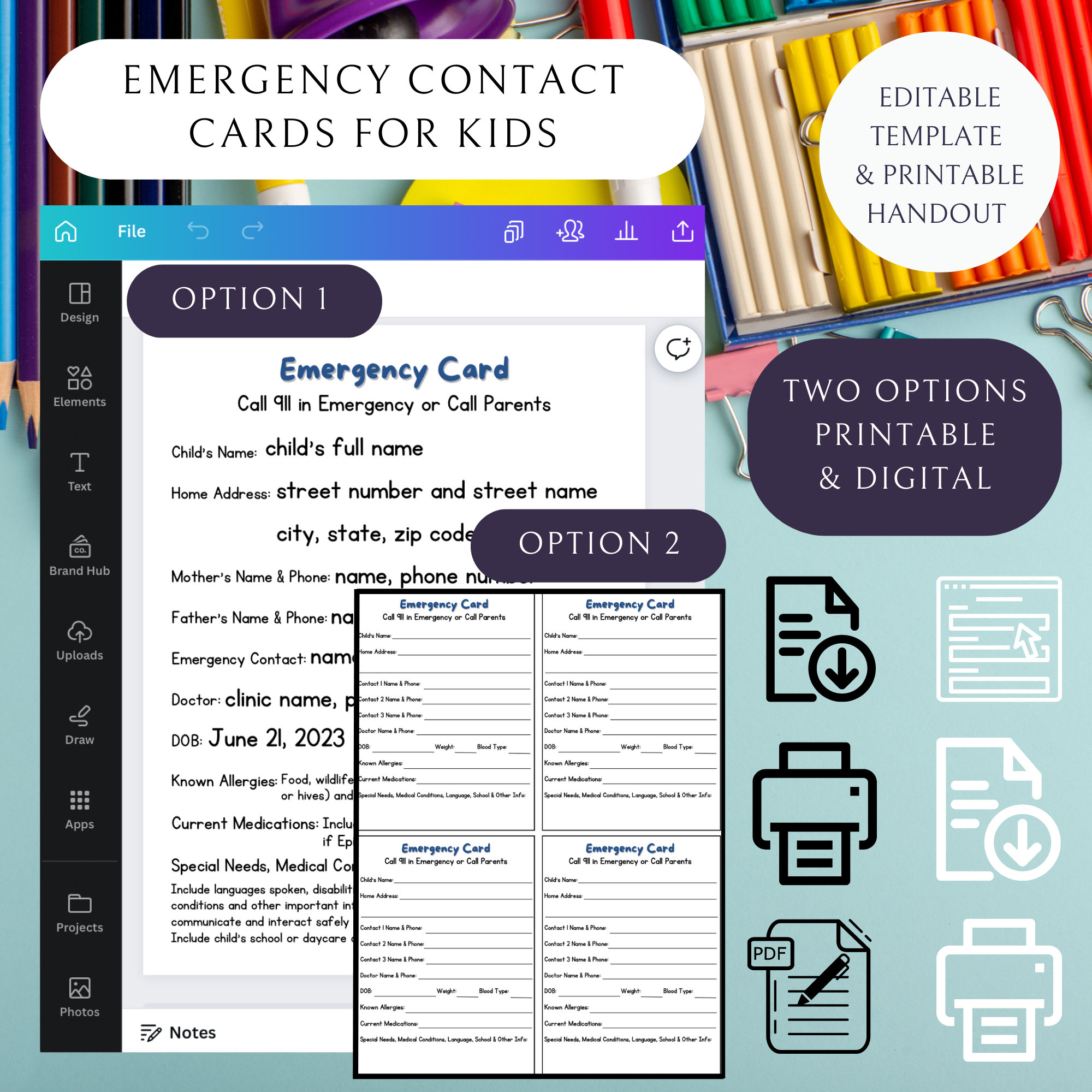 Emergency Contact and Medical Information Card for Kids | Child Safety ...