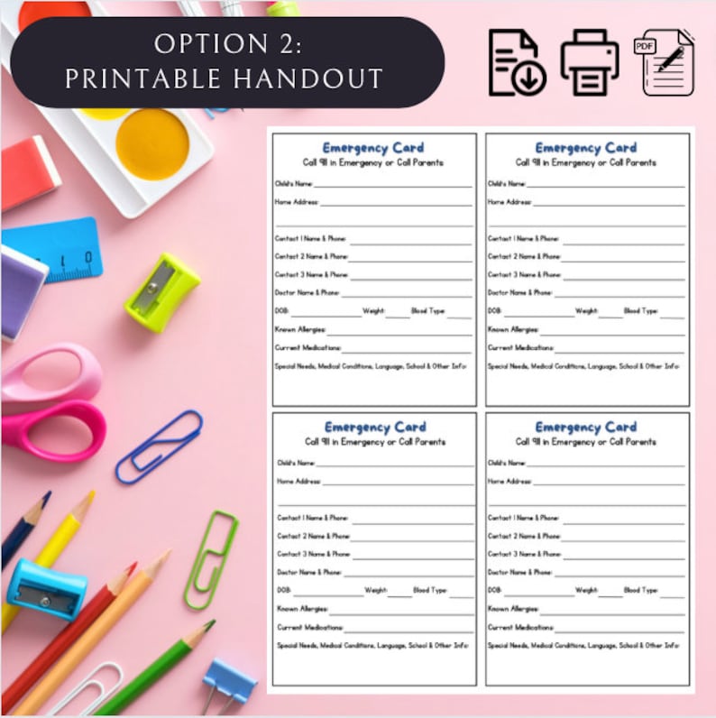 Emergency Contact and Medical Information Card for Kids | Child Safety ...