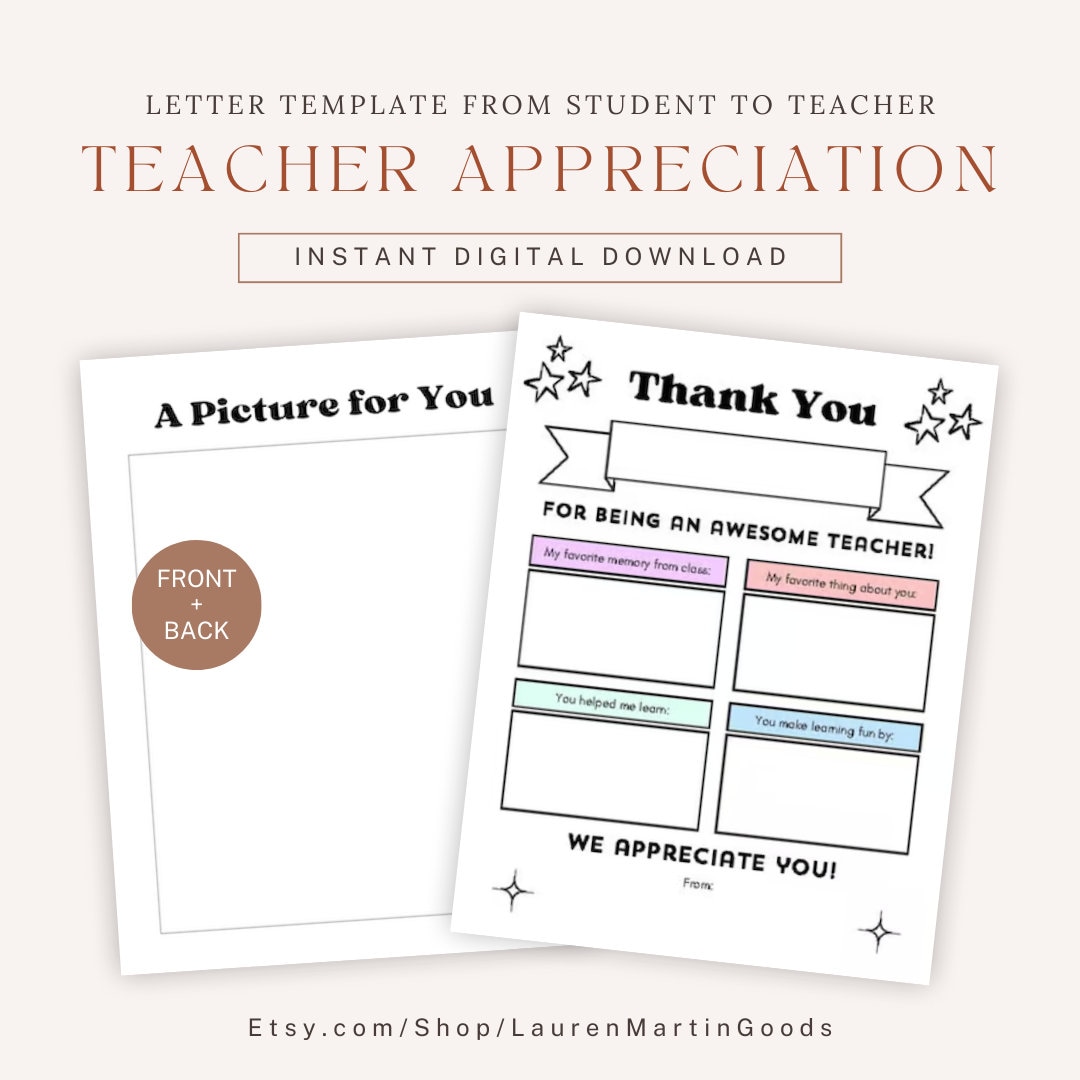 Teacher Appreciation Week Gift Thank You Letter Template From Student ...
