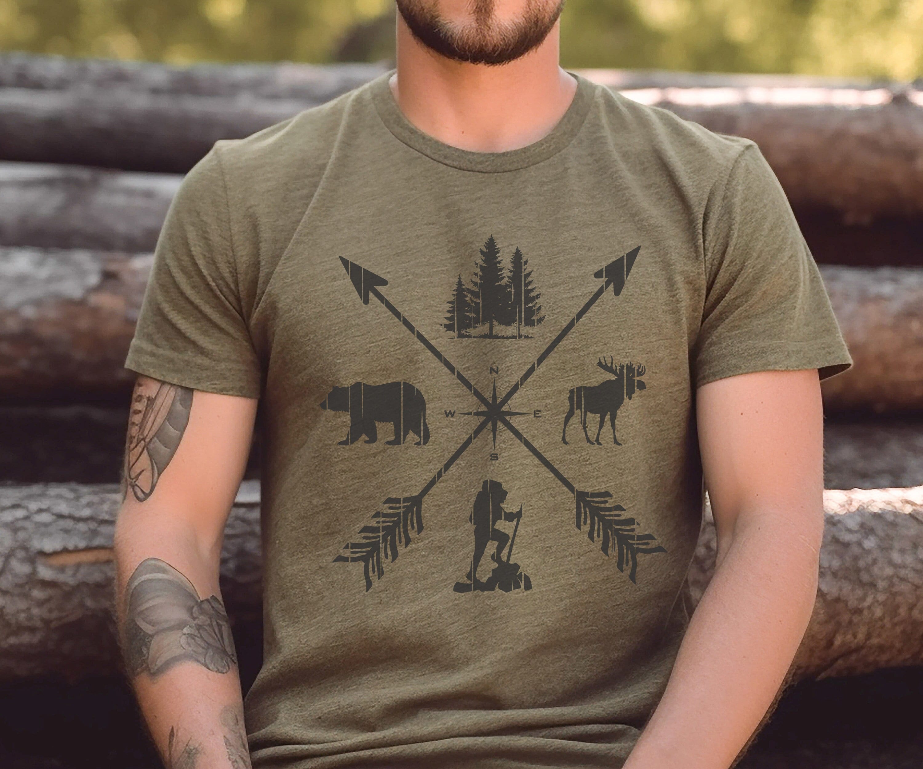 Mens Compass Pine Tree Grizzly Bear Moose Hiker Tee Shirt Tshirt Nature ...