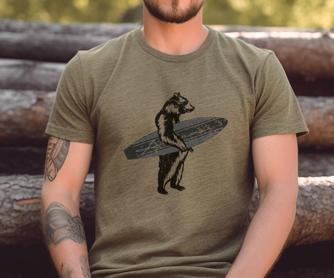 Bear Surfer Tshirt, Mens Bear Beach Shirt, Bear Surfing Tee - Etsy