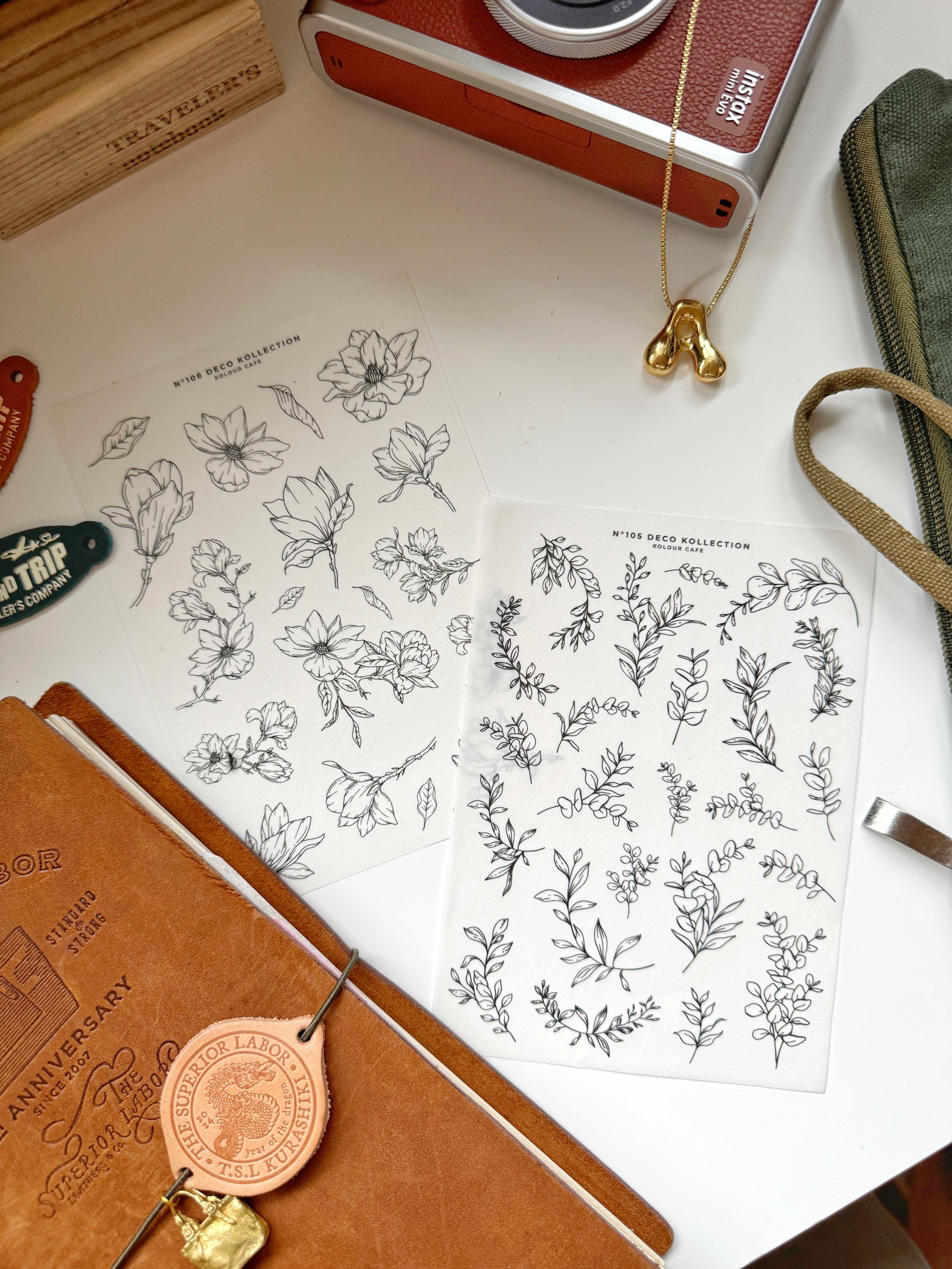 Floral Line Art Stickers | Monochromatic Flower Decor Sticker Sheets ...