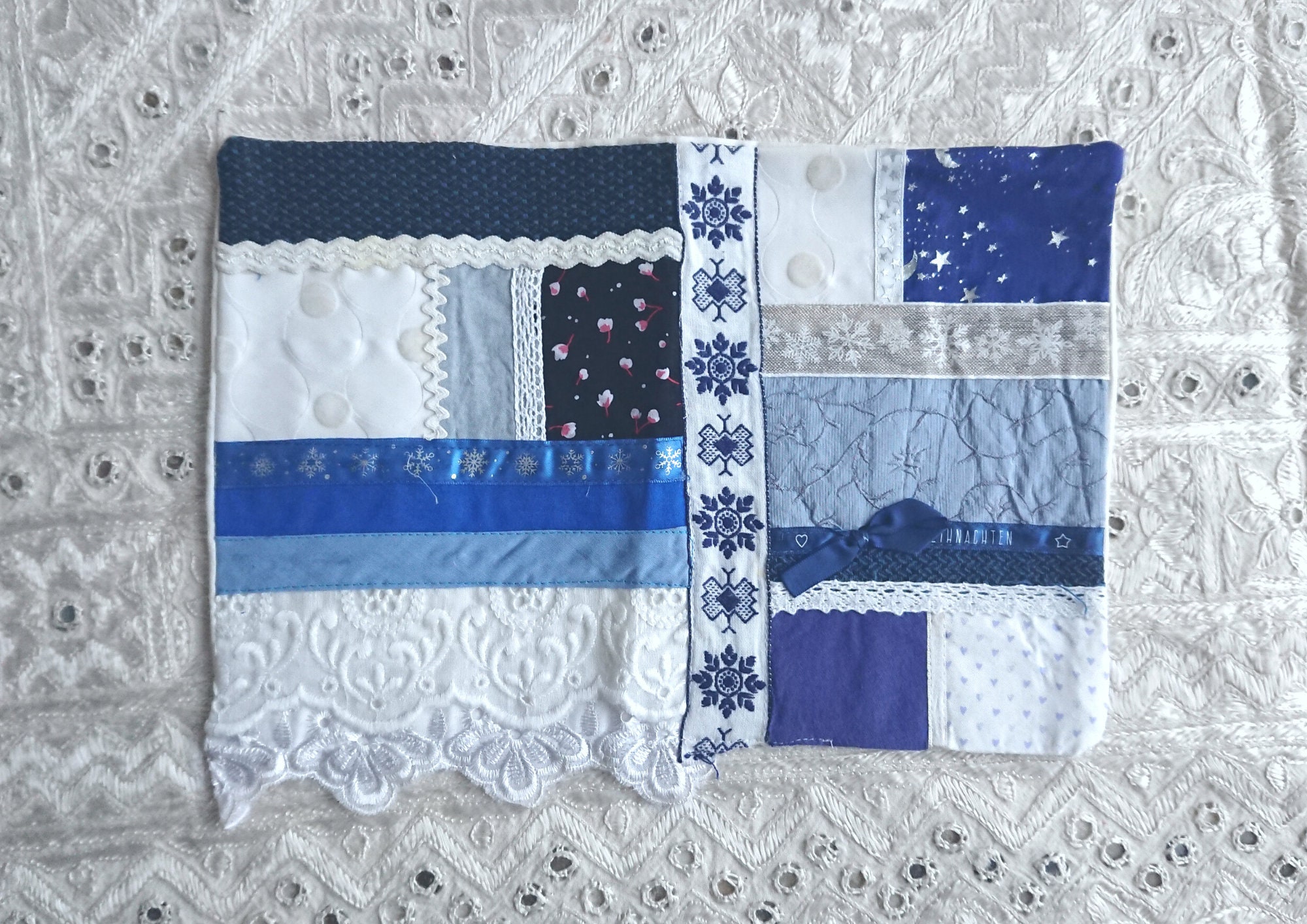 Blue Winter Textile Patchwork Book Cover From Repurposed - Etsy