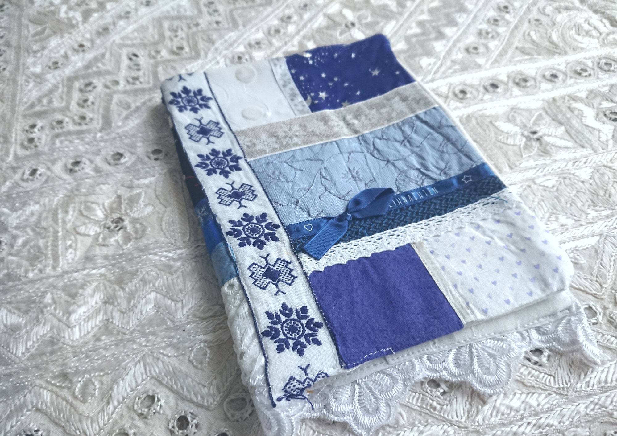 Blue Winter Textile Patchwork Book Cover From Repurposed - Etsy