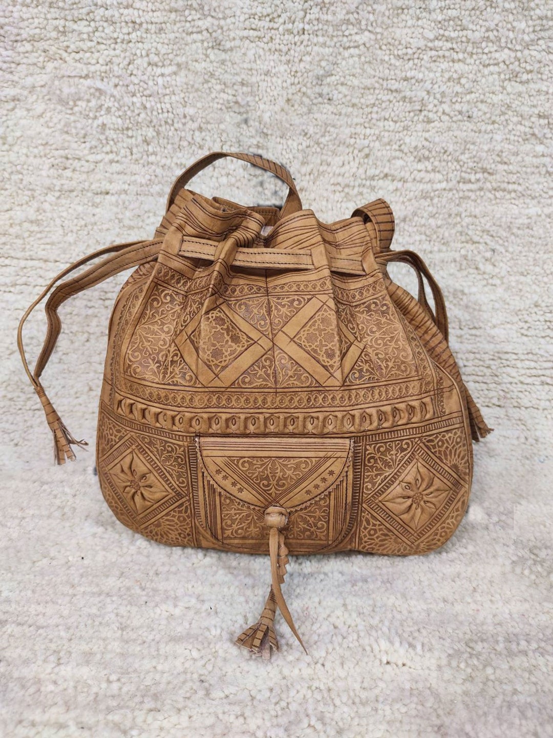 Moroccan Leather Bucket Bag, Leather Drawstring Bag, Leather Shoulder ...