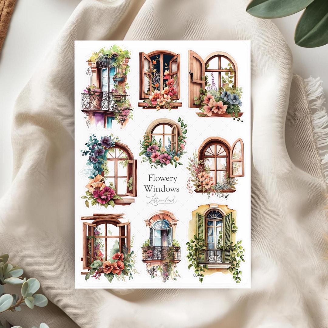 Journal Sticker Sheet Flowery Windows • Watercolor Sticker Set • Bujo ...
