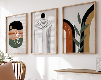 Boho Abstract Wall Art Prints, Boho Wall Decor, Set of 3 Prints, Boho Wall Art, Mid Century ...